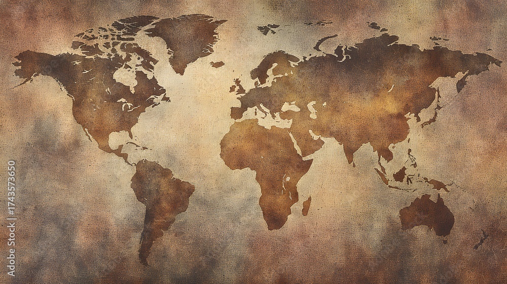 This weathered, textured illustration presents a world map with an ...