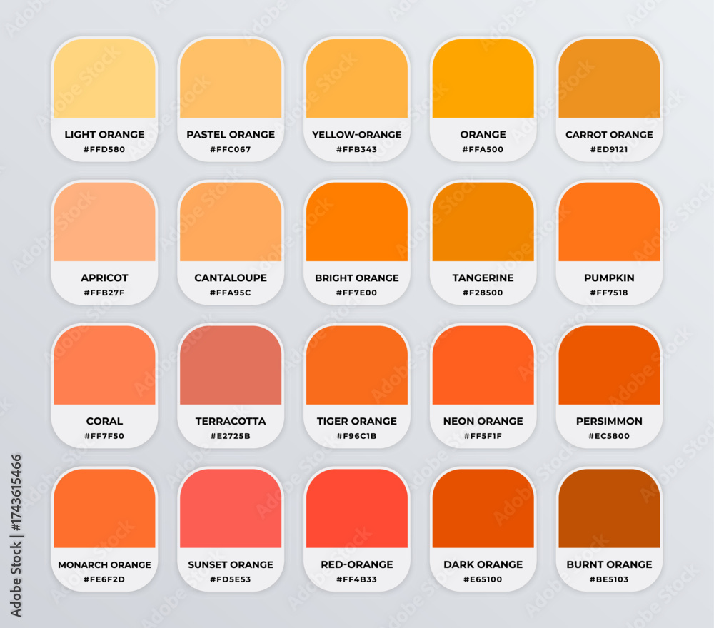 Orange color codes shades guide palette catalog with color names Stock ...