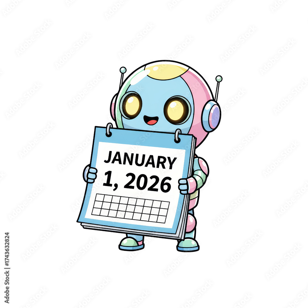 Cartoon robot holding a calendar page displaying January 1st 2026 with ...