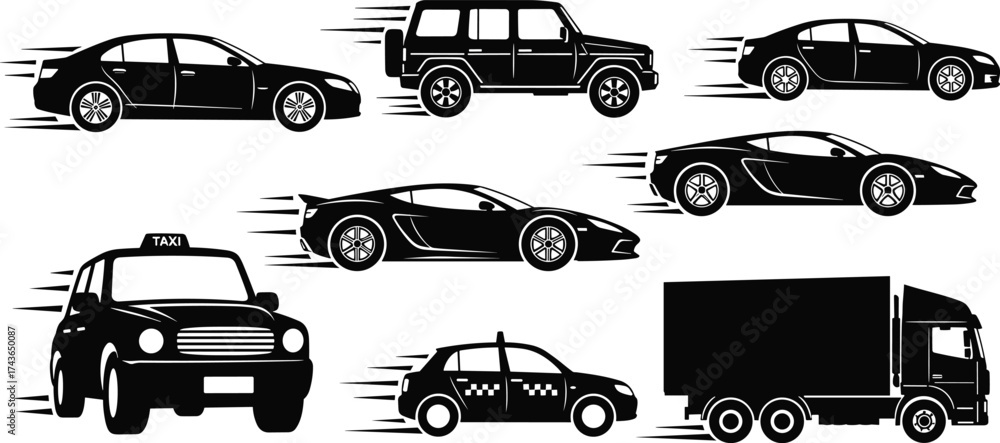 Black and white vector illustration, sedan, SUV, compact car, sports ...