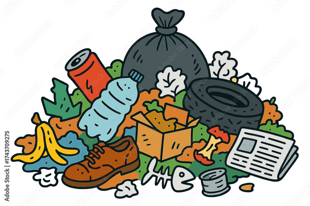 Colorful Garbage Doodle. Garbage Heap. Colorful Hand-drawn doodle ...