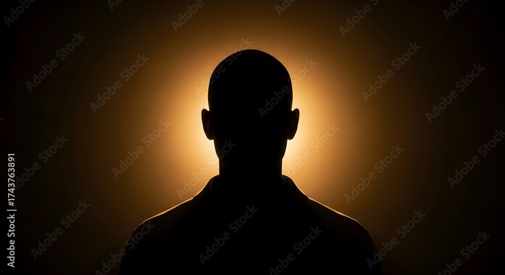 Dark silhouette of a person's head and shoulders backlit by a bright ...