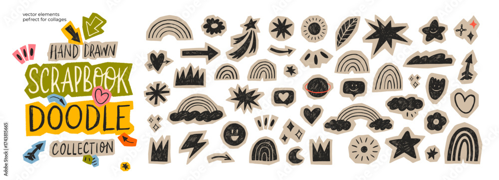 Childish crayon drawn scrapbook stickers. Scribble and doodle paper ...