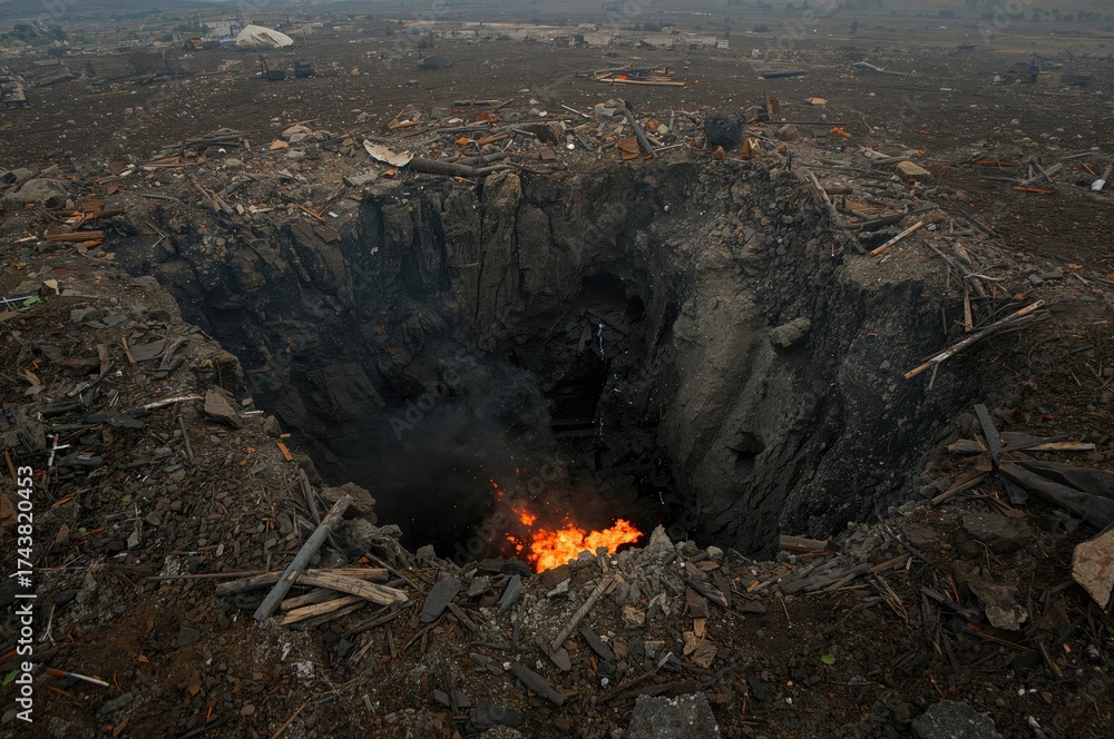 Battlefield crater created by exploded munitions, soil scattered around ...