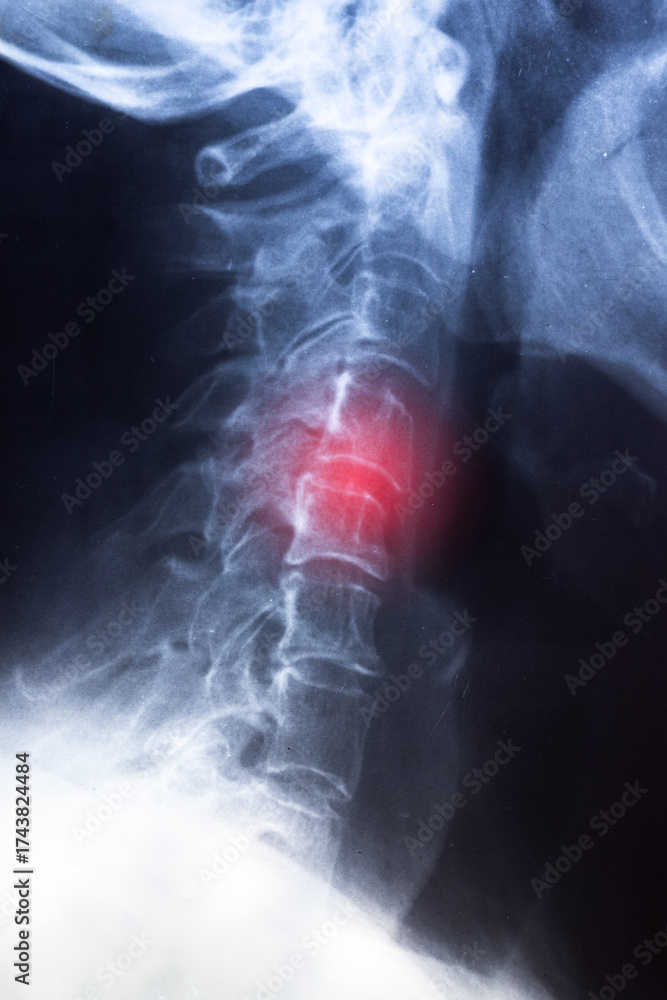 Side vertical X-ray scan with displacement of intervertebral discs and ...