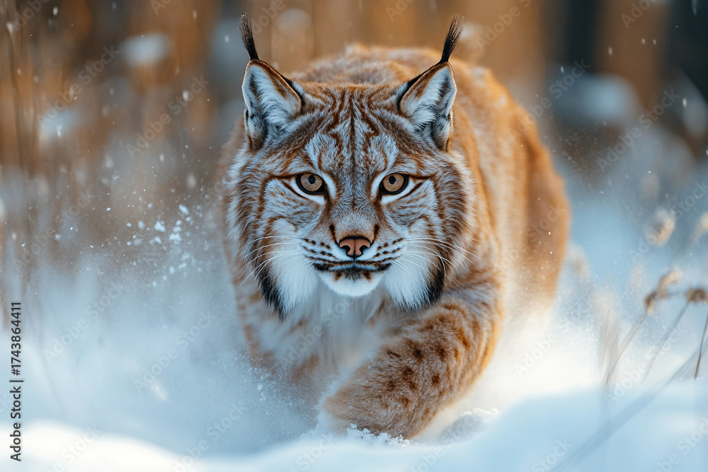 Portrait of a lynx wild cat in snowy winter forest looking alert and ...