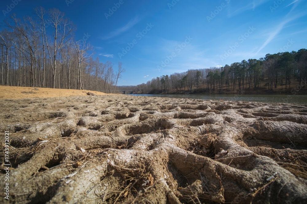 Tree roots revealed by drought trigger winter erosion at a lake Stock ...