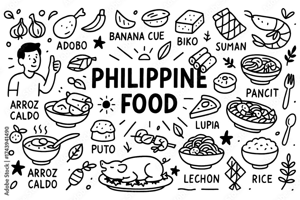 Philippine food doodle with traditional dishes, snacks, and national ...