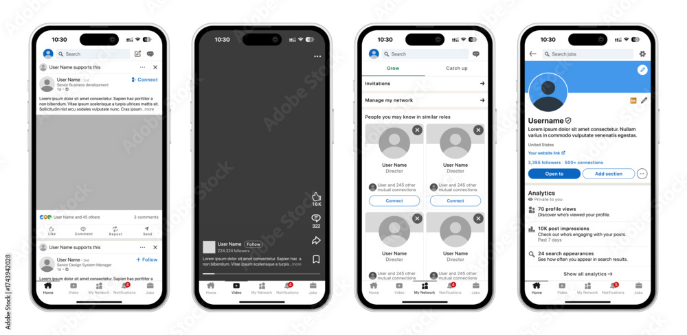 LinkedIn app UI template 2025 update with dark mode, modern social ...
