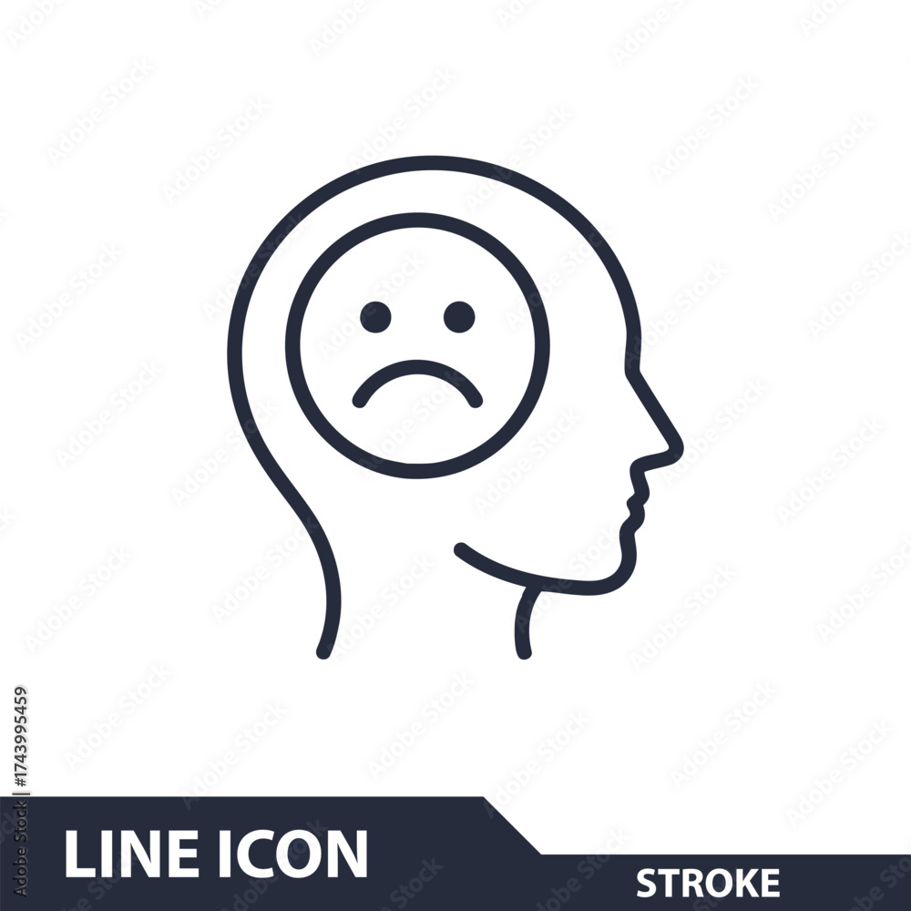 Line icon of a head with sad face representing mental health issues and ...