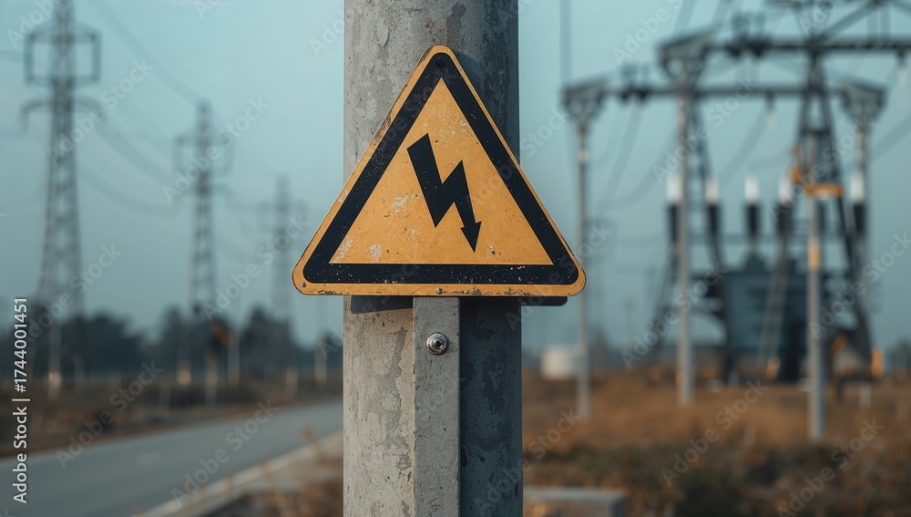 Electric shock hazard warning on electrical utility pole. Transformer ...