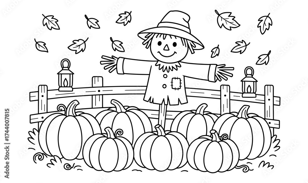 Autumn coloring page: scarecrow and pumpkins with falling leaves Stock ...