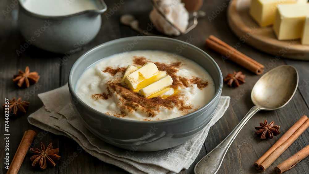 A Norwegian cuisine, Rømmegrøt is a milk porridge made with sour cream ...