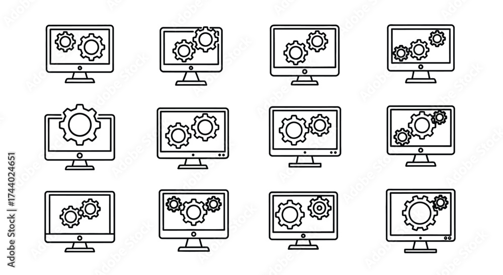 Computer monitors displaying gears and settings icons representing ...