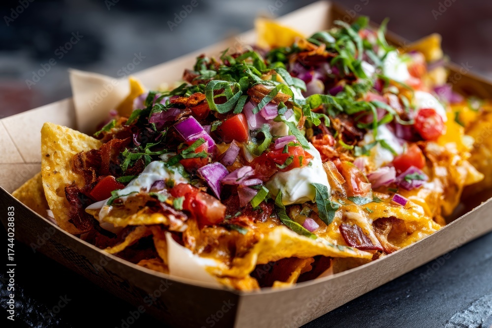 Detailed close-up photography of a tasty nachos in a bento box while ...