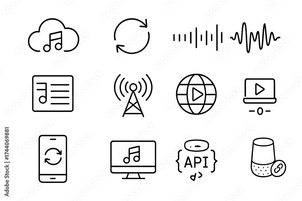Music Streaming Icons. Line style icons of music streaming and sync ...