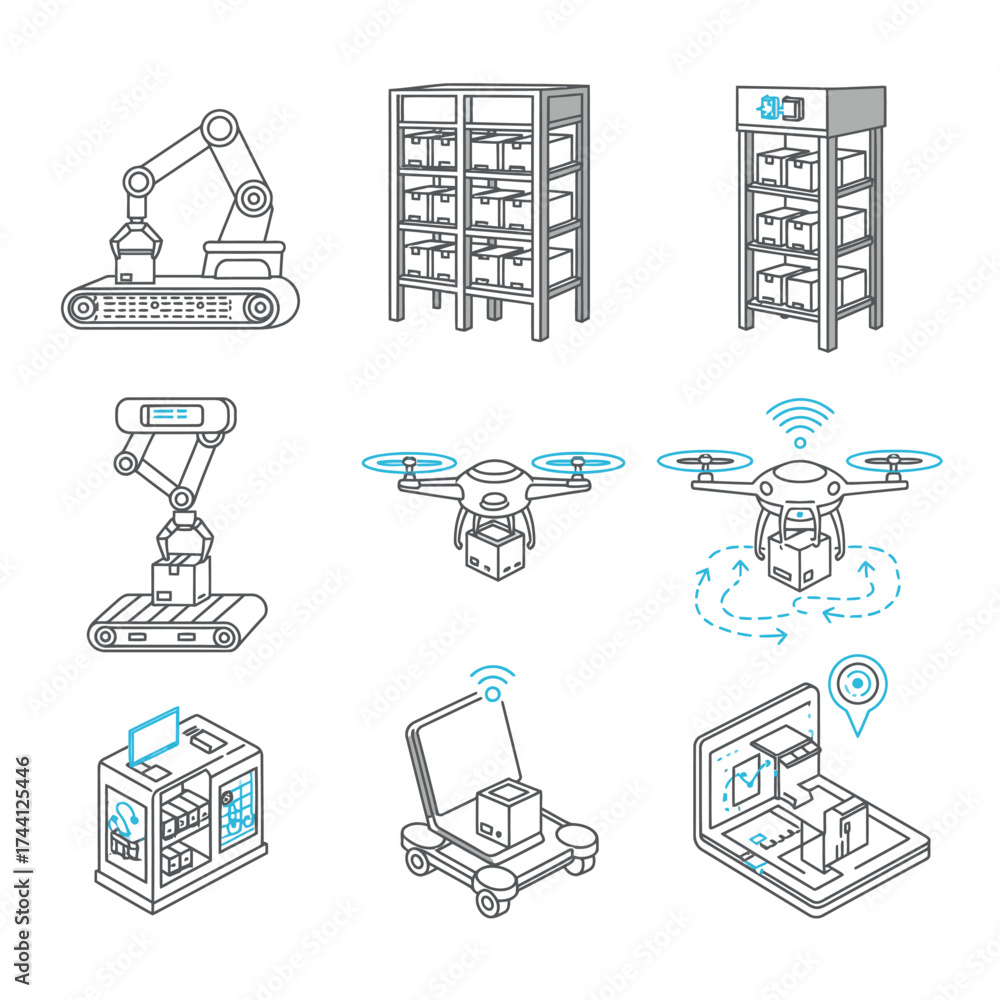 Line icons illustrate modern logistics automation with robotic ...
