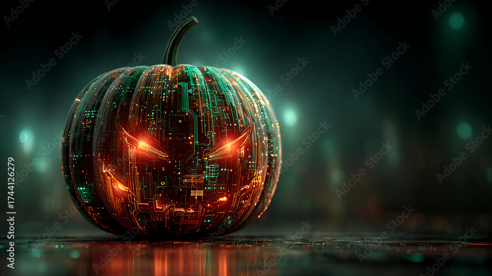 Digital Halloween. Creepy pumpkin smile in electronic circuit board ...