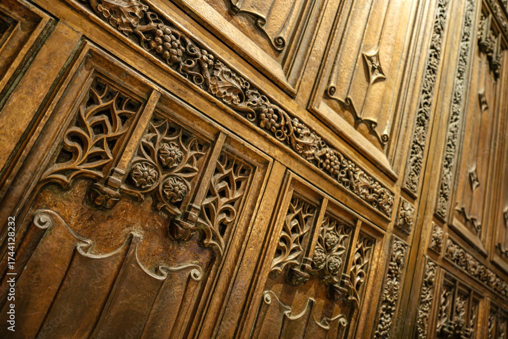 This angled image shows the detailed bronze door of St. Patrick's ...