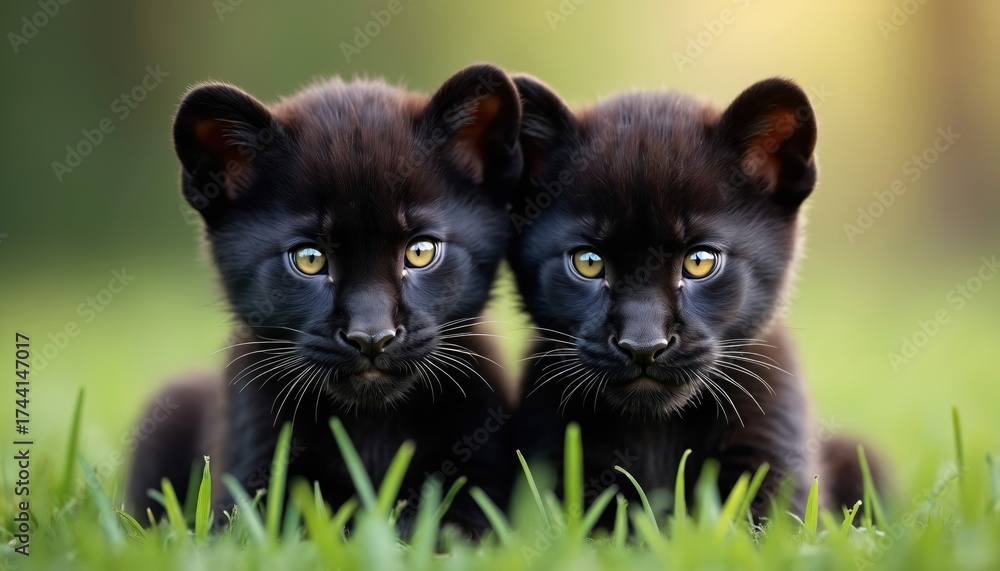 Stock-Foto „Two tiny black panther cubs rest on green grass. The young ...