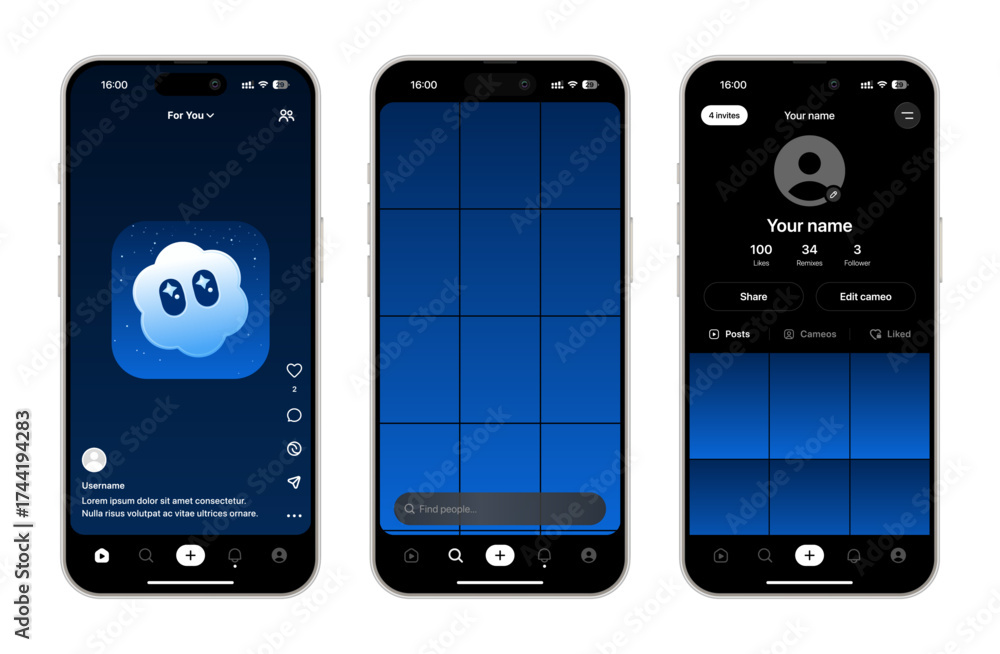 OpenAI Sora 2 UI template 2025 for AI Video Generator app, all UI screens included as vector ...