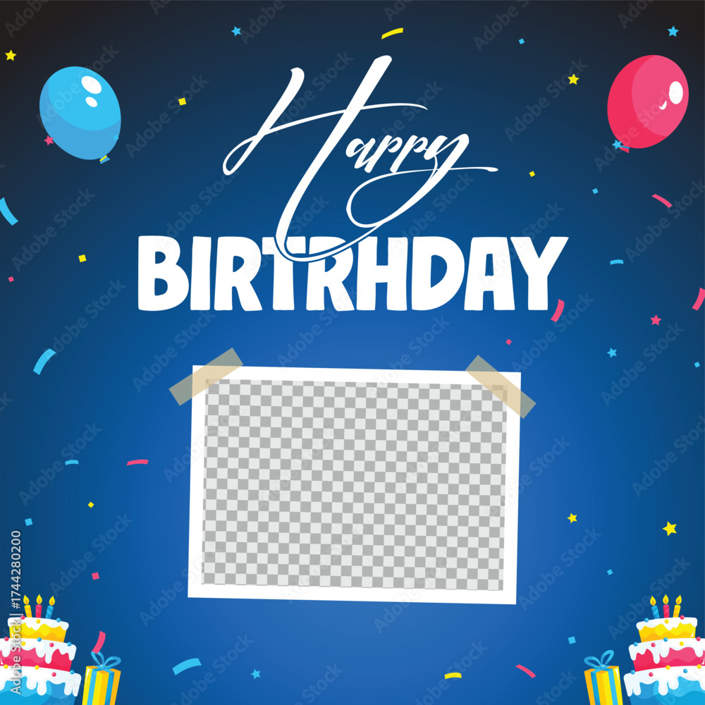 Modern Blue Happy Birthday Template with Cake, Balloons, and Confetti ...
