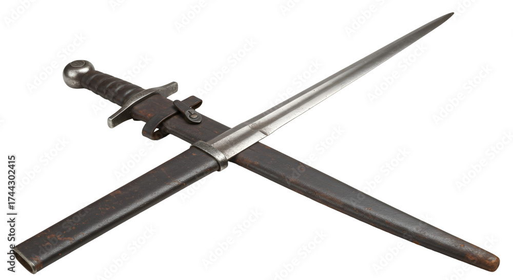 Antique military bayonet with scabbard ready for historical reenactment ...