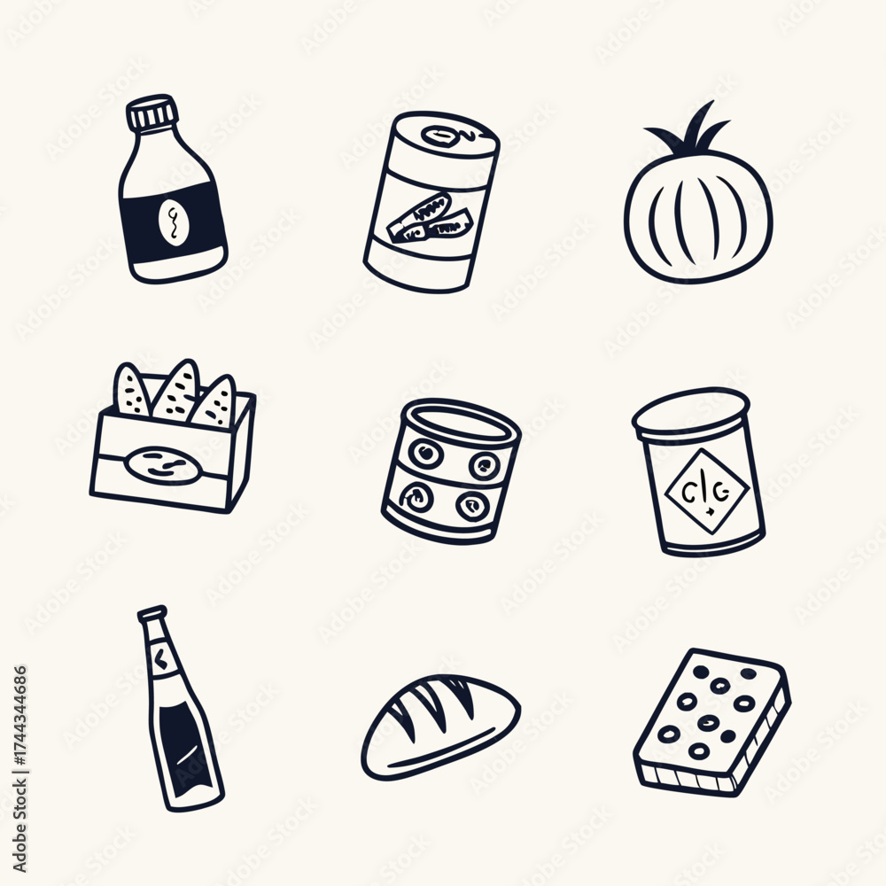 Collection of hand drawn grocery items and food products in a simple ...