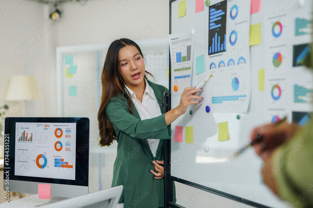 Business woman analyzing charts and graphs on a whiteboard, explaining ...