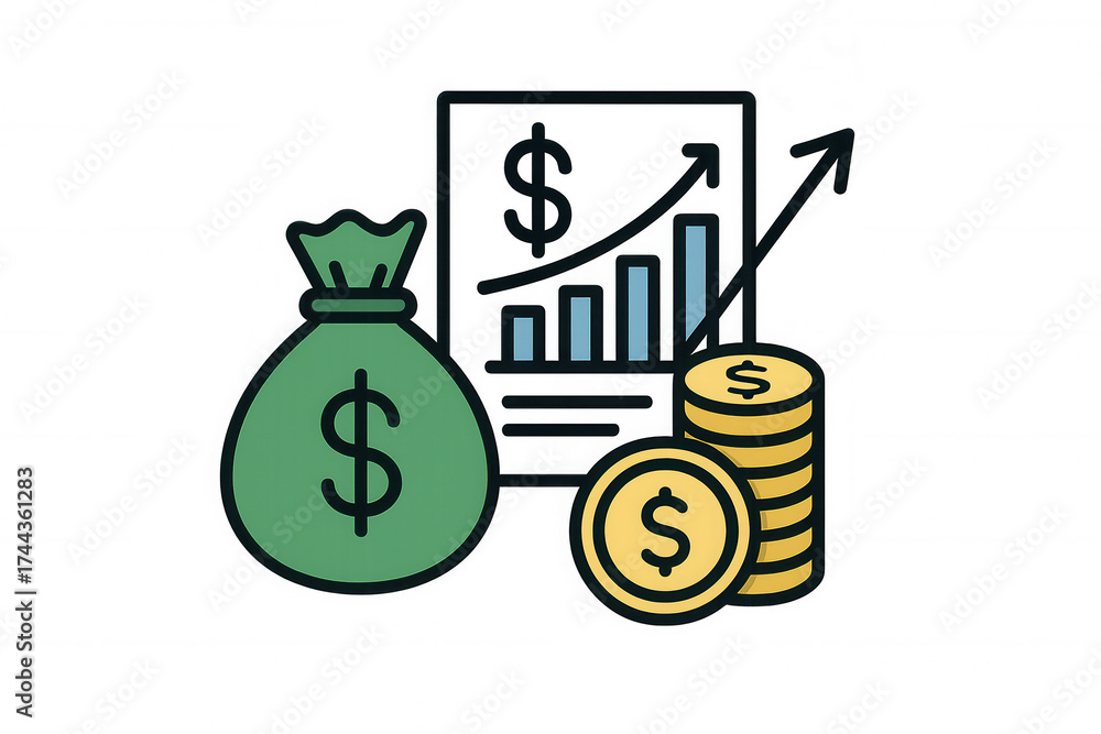 Money bag, stacked coins, and financial chart with escalating arrow ...