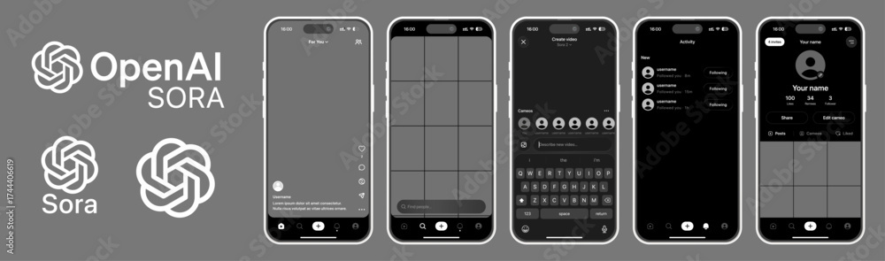 Sora 2 UI template 2025 for AI Video Generator app, all UI screens ...