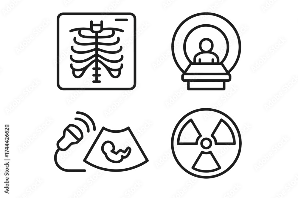 Medical imaging icons: x-ray, mri, ultrasound, radiation safety symbols ...