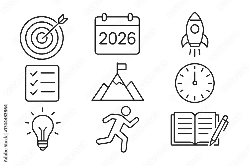 Collection of 9 linear icons about ambition and planning for 2026 ...