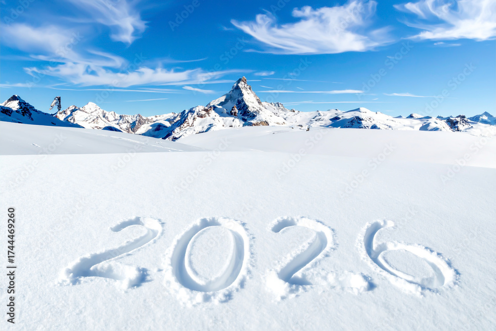 Photo Stock Jahreszahl 2026 in Schnee geschrieben, Winterlandschaft ...