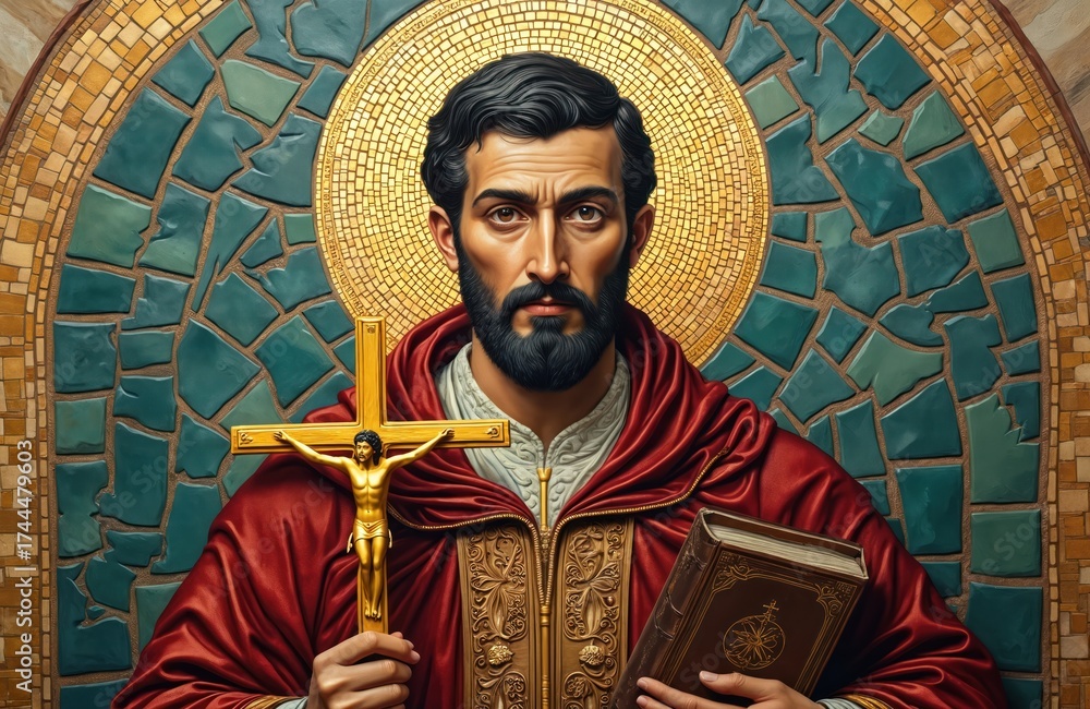 Mosaic artwork shows Saint Francis Xavier in red robes holding golden ...