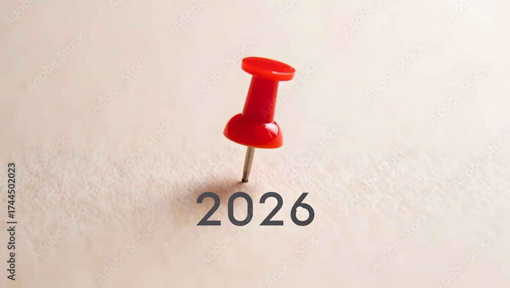 Red pin marks year 2026 on brown paper. Stock Photo | Adobe Stock
