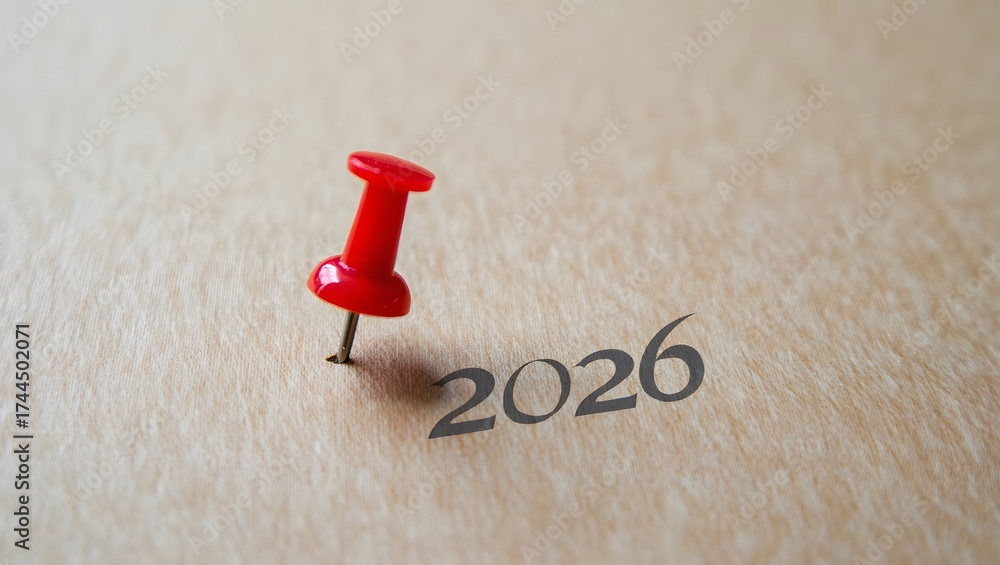 Red pin marks year 2026 on brown paper. Stock Photo | Adobe Stock