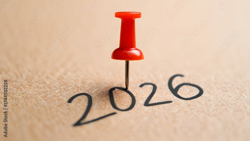 Red pin marks year 2026 on brown paper. Stock Photo | Adobe Stock