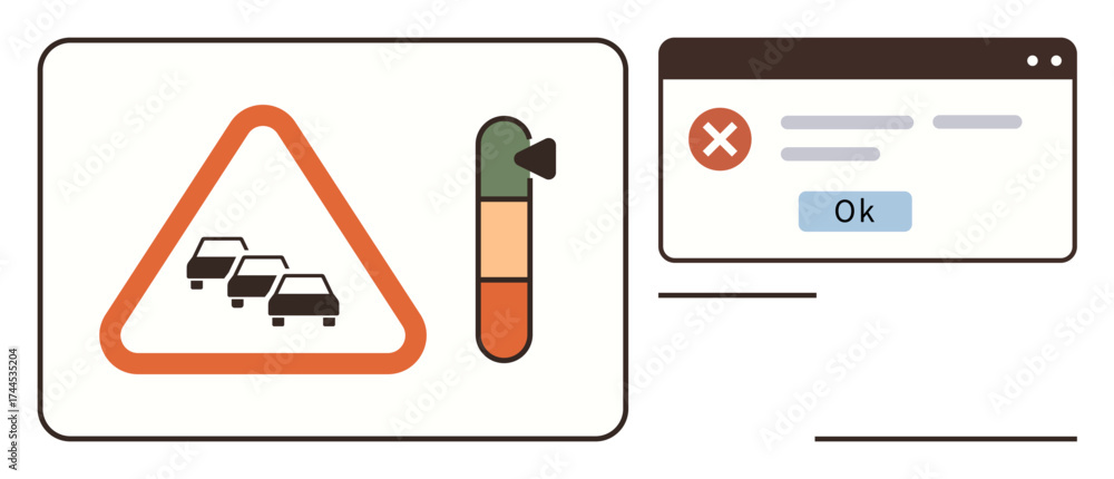 Traffic congestion warning sign next to fuel gauge and error message ...