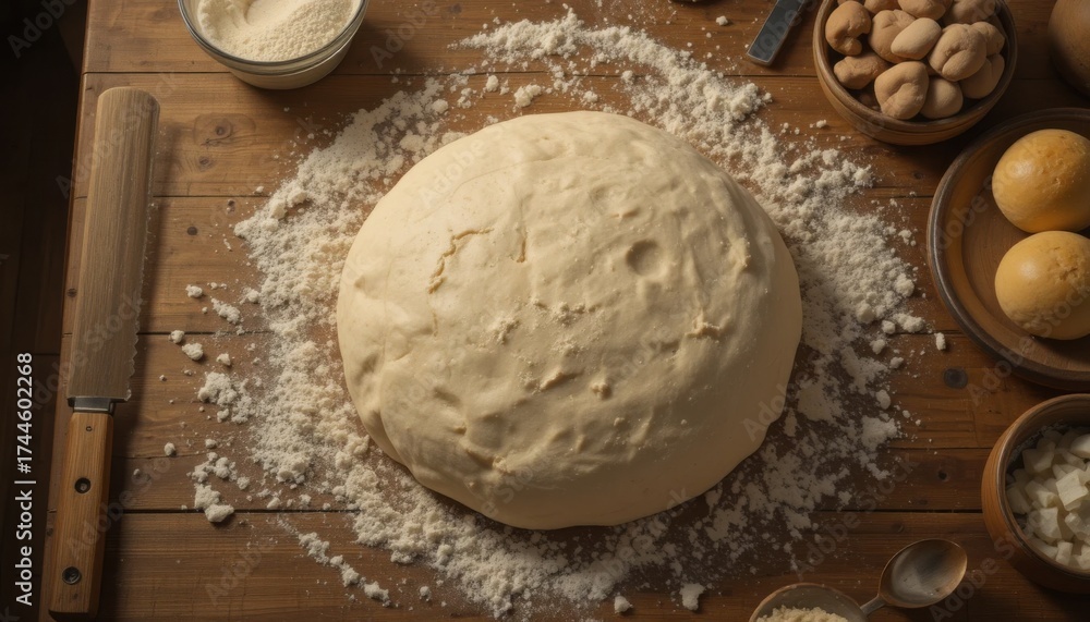 Top-down photo of a traditional bread-making scene, dough being folded ...