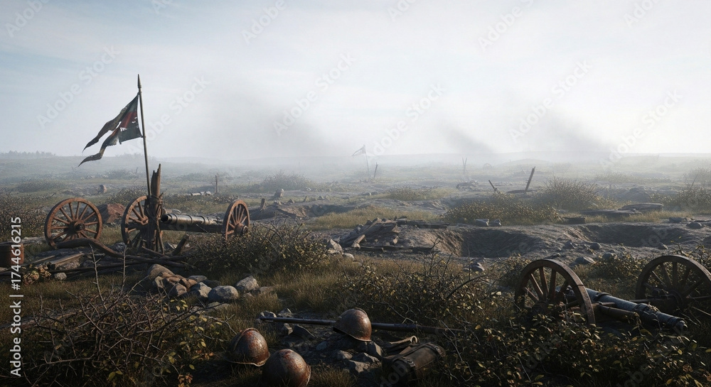 Historical battlefield shrouded in thick fog, with abandoned vintage ...