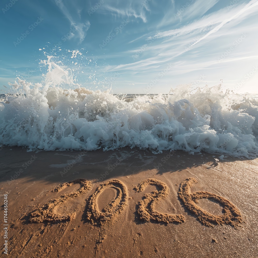 Waves Washing Ashore 2026 in sand: The number 2026 etched in the sand ...
