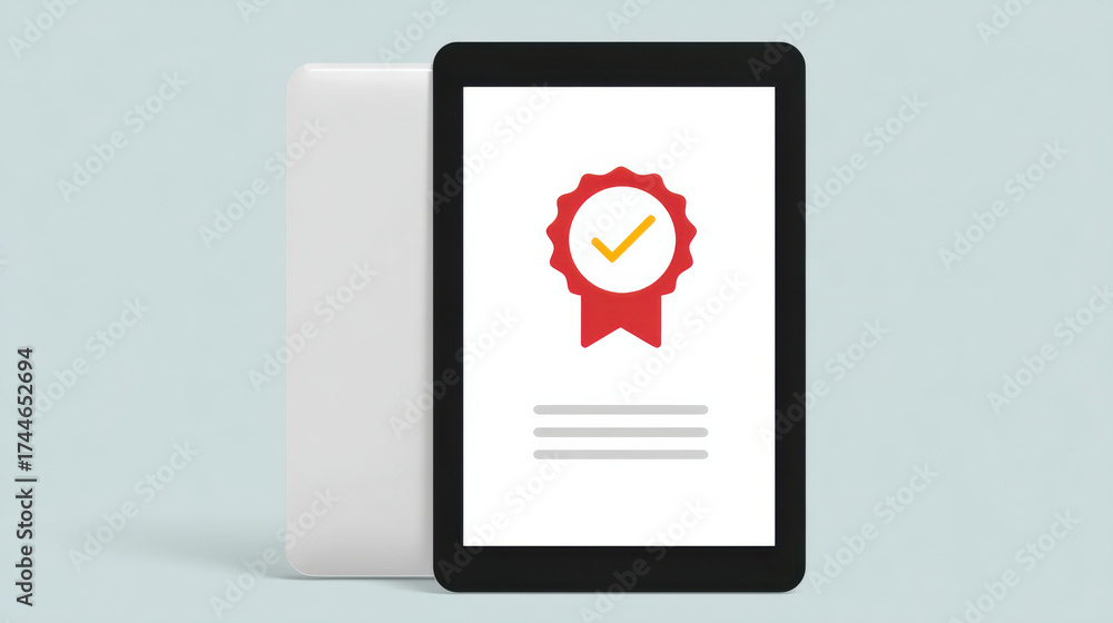 Fake news concept on digital tablet with certificate icon and check ...