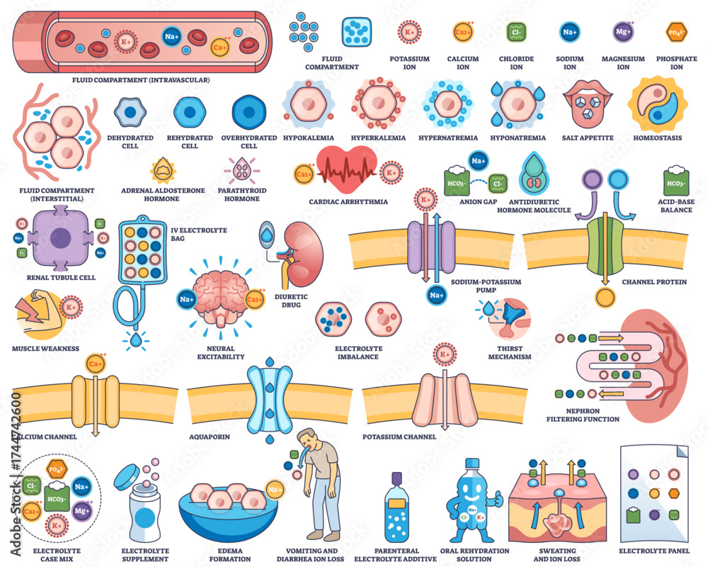 Стоковий вектор Electrolyte balance is shown with ions, cells, and ...