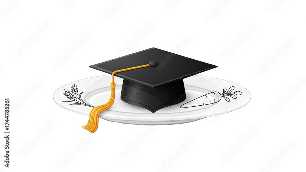 graduation cap sits on a plate with a drawing of a carrot and leaves ...