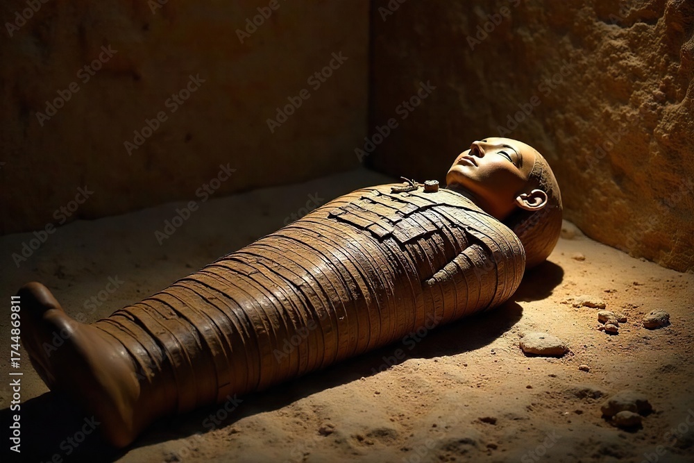 Стокова ілюстрація Intricately Wrapped Mummy in Dimly Lit Tomb A ...