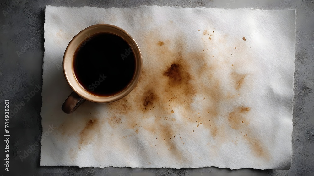 Overhead view of a coffee cup casting shadows on a paper sheet covered ...