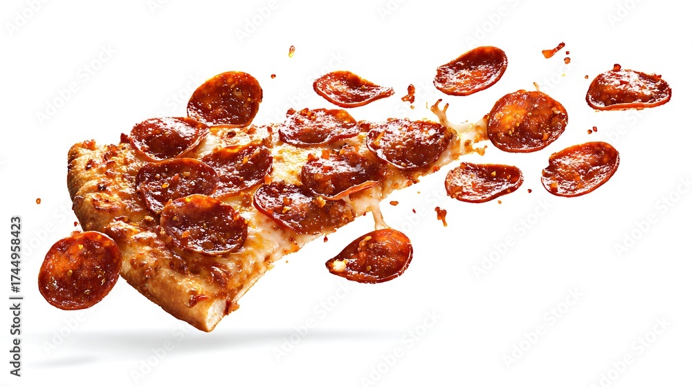 Foto Pepperoni Pizza Slice with Floating Pepperoni Slices and Cheese ...