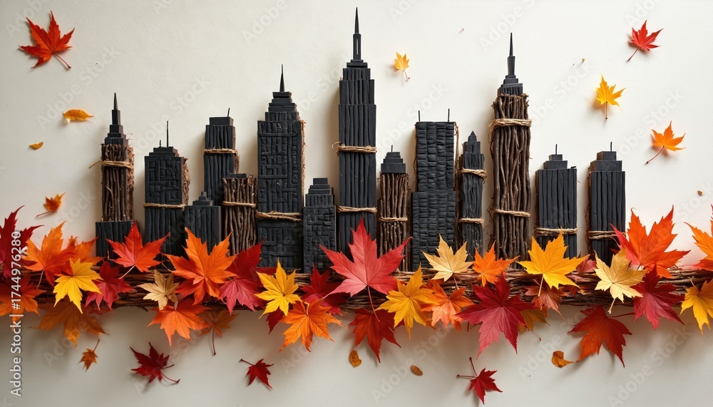 New York skyline from twigs, leaves in fall colors. Autumnal cityscape ...