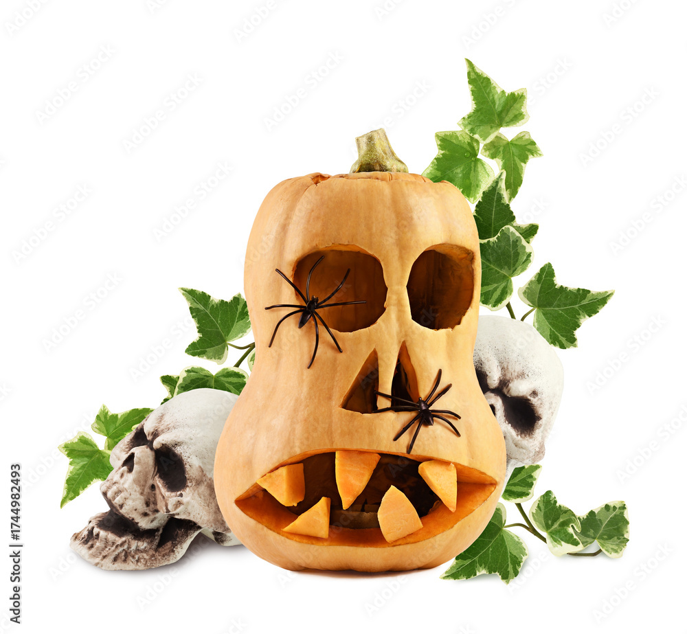 Carved scary halloween face with black spiders on Butternut squash with ...